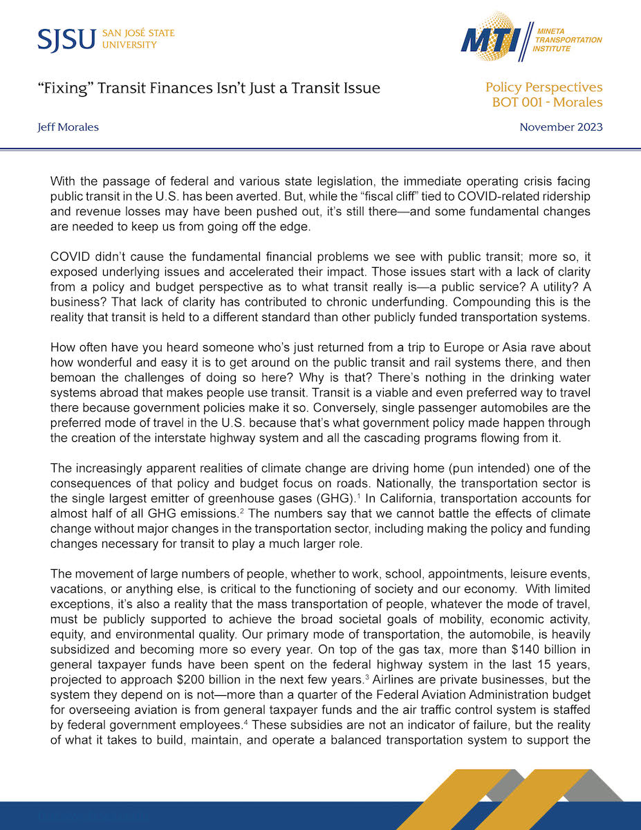 “Fixing” Transit Finances Isn’t Just a Transit Issue | Mineta ...